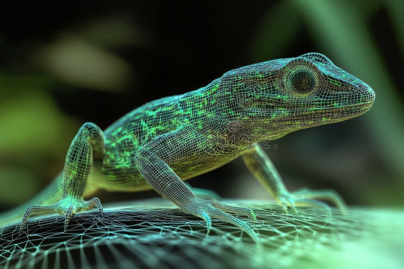 Futuristic Digital Lizard with Neon Wireframe Design in a Virtual ...