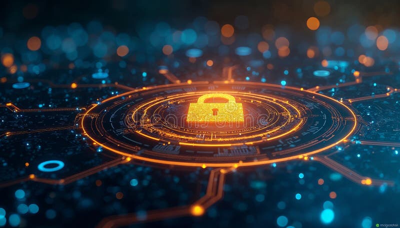 Futuristic Digital Lock Symbol in Glowing Blue and Orange ...
