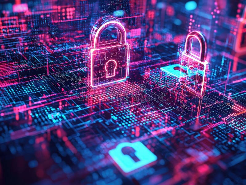 Futuristic Digital Locks on a Vibrant Circuit Board Background ...