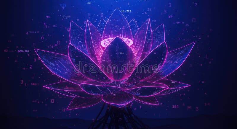 Futuristic Digital Lotus with Neon Glow in Dark Background Stock Image ...