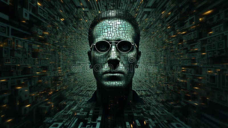 Futuristic Digital Man in Cyber World Matrix Filled with Glowing Data and Code Stock ...