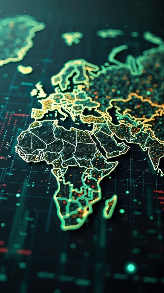 Futuristic Digital Map of Africa and Europe with Data Visualization ...