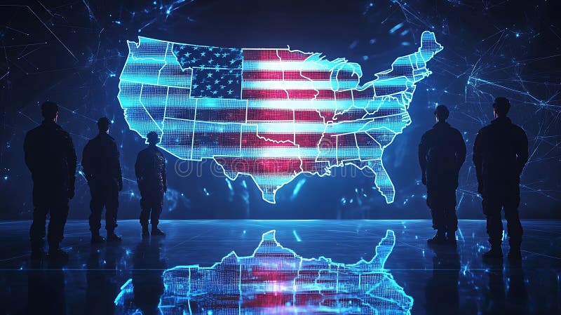 Futuristic Digital Map: American Flag Projection with Silhouetted ...