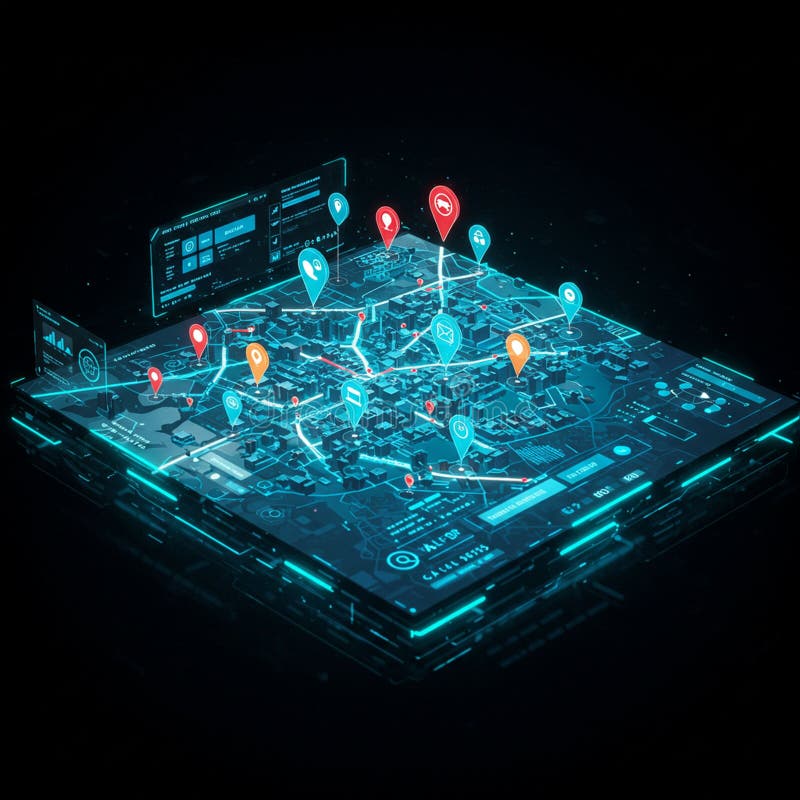 A Futuristic, Digital Map Interface with a 3D Layout Featuring a ...