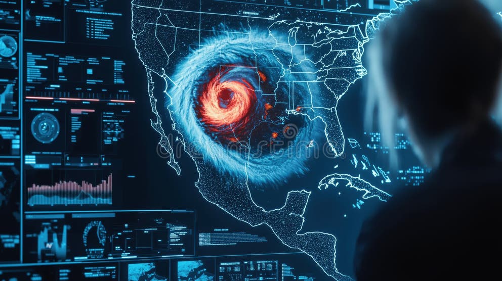 Futuristic Digital Map Showing Hurricane Path and Data Analysis Stock ...