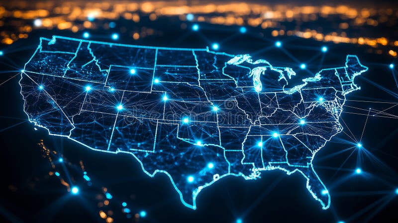 A Futuristic US Digital Map with Glowing Connections and Data Points ...