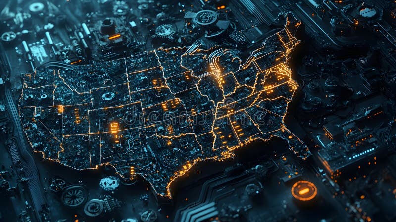 Futuristic Digital Map of the Usa with Glowing Circuit Connections ...