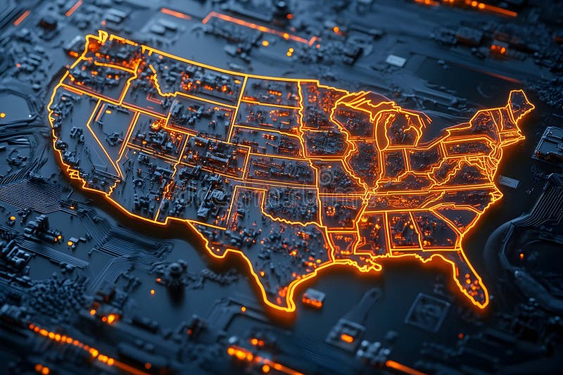 Futuristic Digital Map of Usa with Highlighted State Borders in Neon ...