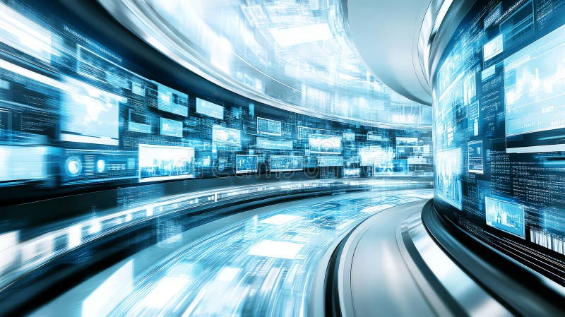 Futuristic Digital Marketplace with Glowing Screens and Data Displays ...