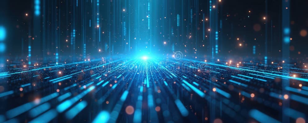 Futuristic Digital Matrix with Flowing Binary Code Bright Particles. Glowing Light, Neon ...