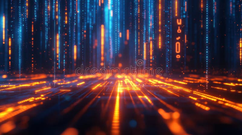 Futuristic Digital Matrix with Glowing Orange and Blue Light Particles ...