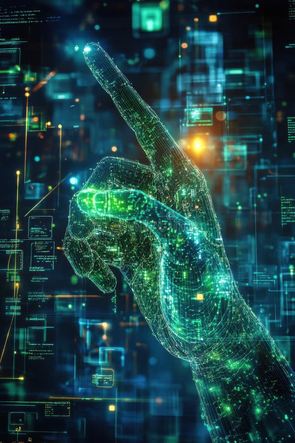 Futuristic Digital Mesh Hand Pointing in a Neon Data Network ...