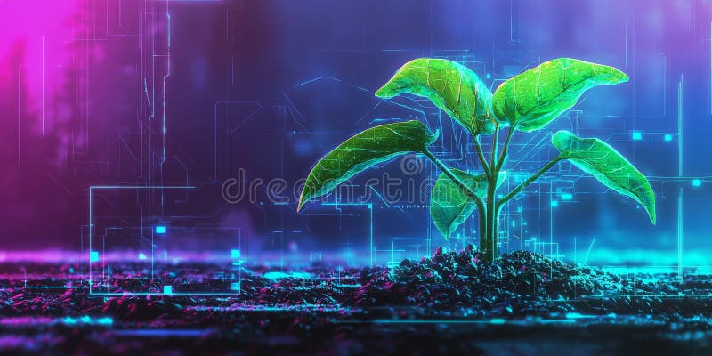 Futuristic Digital Neon Bean Plant Sprouting Illustration on Canvas ...