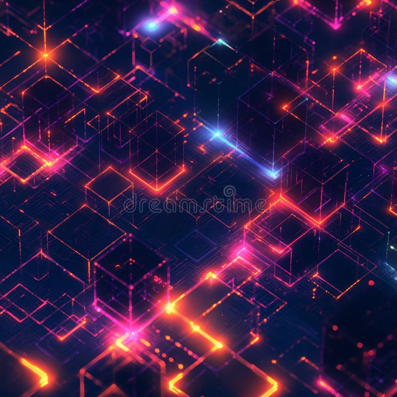 Futuristic Digital Neon Grid Glowing Cubes Abstract Geometric Patterns ...