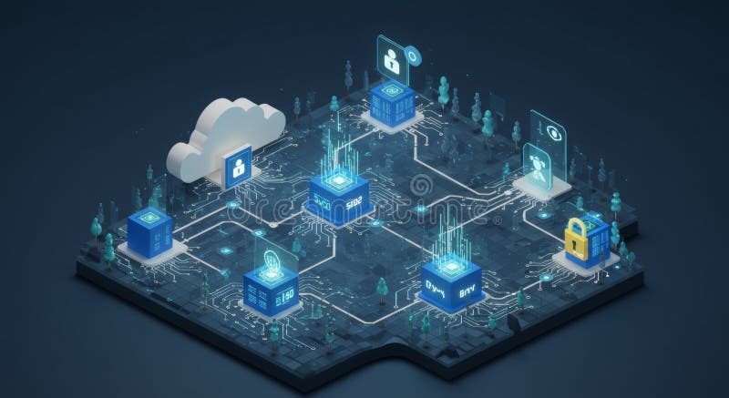 Futuristic Digital Network with Cloud and Security Icons Stock Illustration - Illustration of ...
