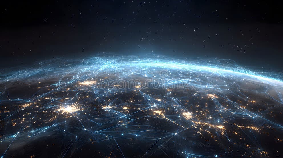 Futuristic Digital Network Earth Surface with Glowing Data Connections ...