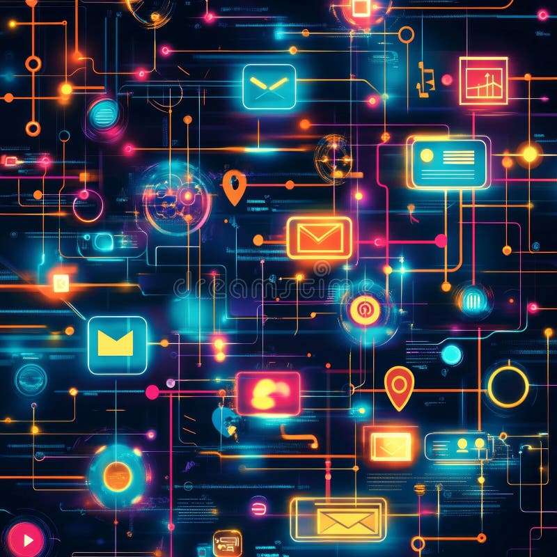Futuristic Digital Network Email Media Icons Neon Interface Stock ...