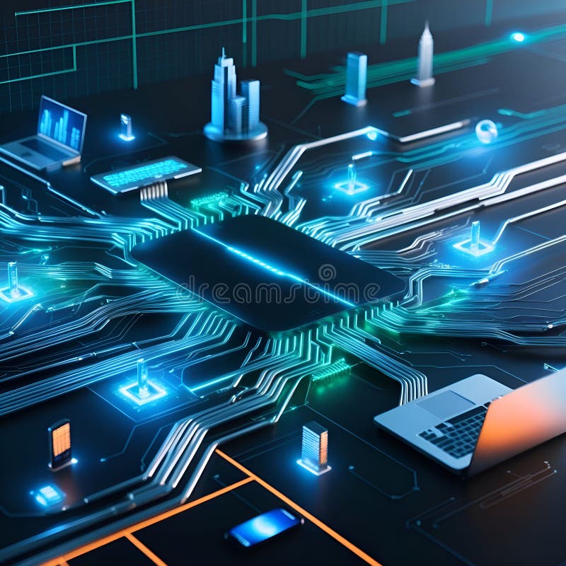 Futuristic Digital Network with Glowing Circuits. Stock Illustration ...