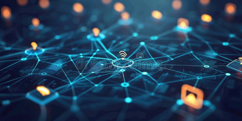 Futuristic Digital Network with Glowing Icons. Technology and ...