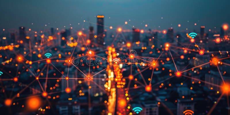 Futuristic Digital Network with Glowing Icons. Technology and ...