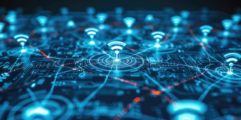 Futuristic Digital Network with Glowing Icons. Technology and ...