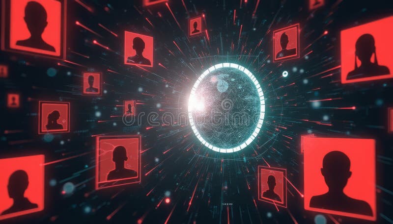 Futuristic Digital Network with Glowing Profiles and a Central Sphere ...