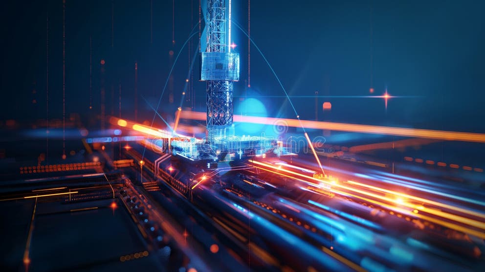 Futuristic Digital Network with High-Tech Tower Stock Photo - Image of ...