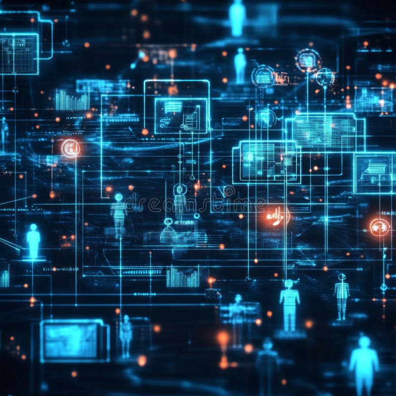 Futuristic Digital Network with Holographic Figures and Data Interfaces ...