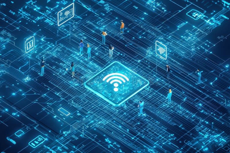 Futuristic Digital Network with Human Figures and Wi-Fi Symbol ...