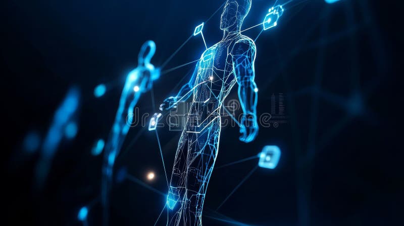 Futuristic Digital Network Illustration with Human Figure Connecting ...