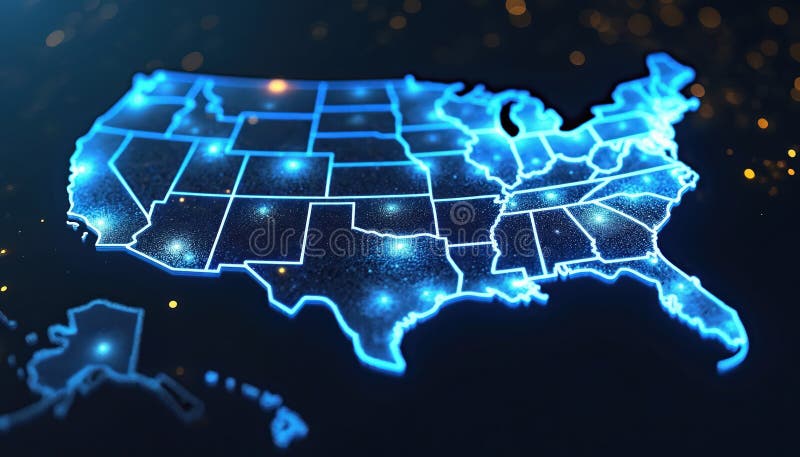 Futuristic Digital Network Map of USA, Glowing Blue Data Lines Connect ...