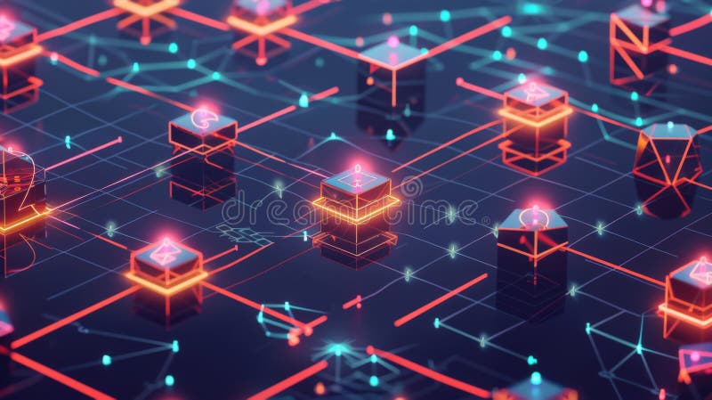 Futuristic Digital Network with Neon Nodes Stock Illustration ...