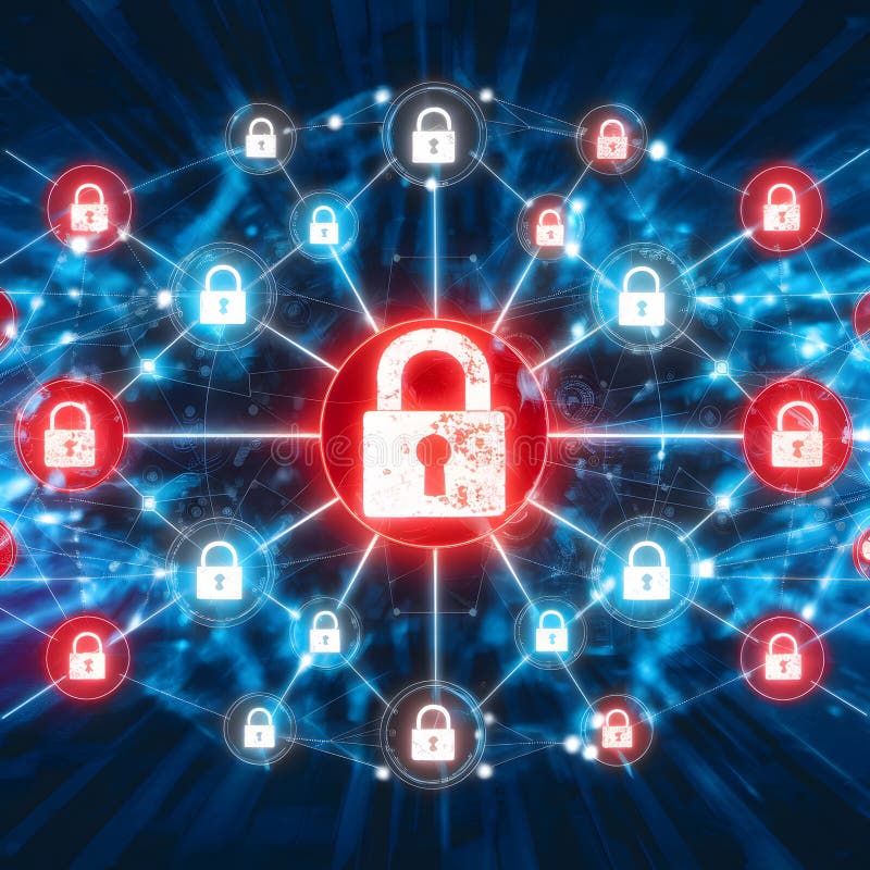 Futuristic Digital Network with Padlock Icons, Red Vulnerabilities ...