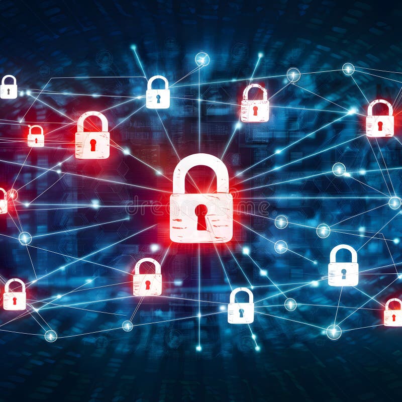 Futuristic Digital Network with Padlock Icons, Red Vulnerabilities ...