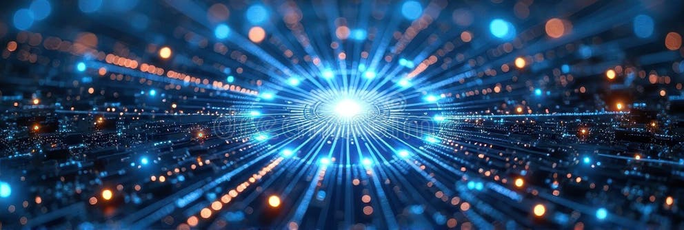 Futuristic Digital Network with Radiant Blue Light Center and Technology Connections Stock Image ...