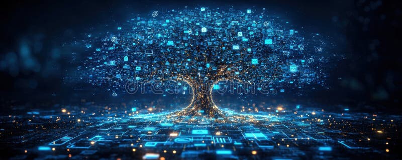 Futuristic Digital Network Technology Tree Glowing in a Night ...