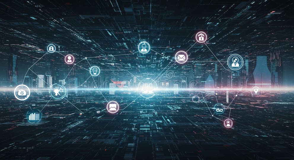 Futuristic Digital Network Visualization Featuring Interconnected Icons ...