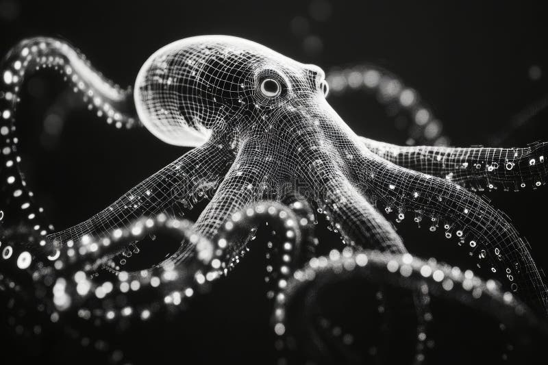 Futuristic Digital Octopus with Glowing Tentacles in a High-Tech Black ...