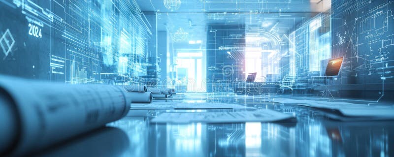 Futuristic Digital Office with Blueprints and Holograms Stock Photo ...
