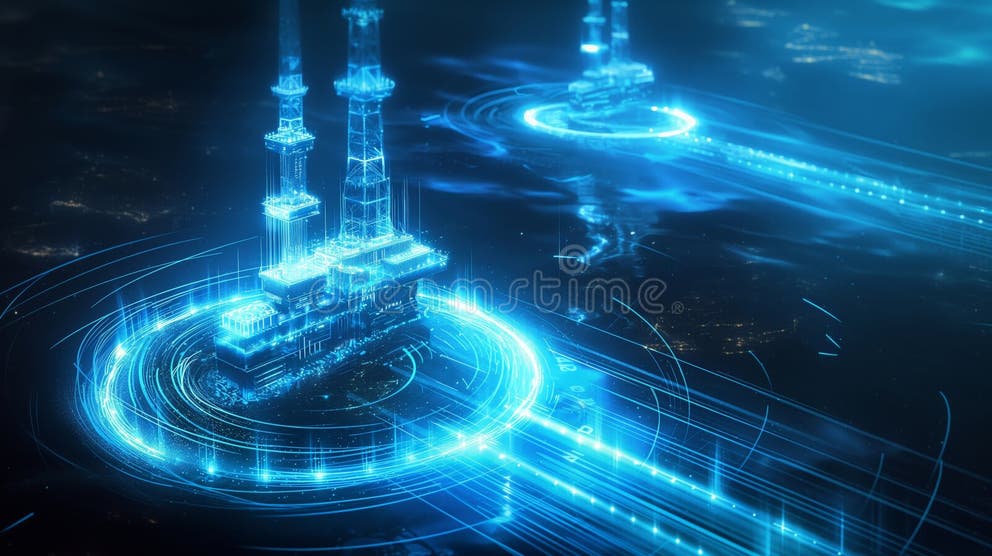 Futuristic Digital Oil Rigs in a Virtual Ocean Stock Image - Image of ...