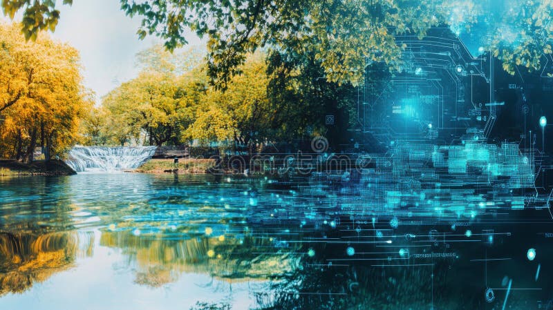 Futuristic Digital Overlay in Serene Nature Scene with Waterfall and ...