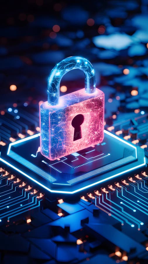 Futuristic Digital Padlock on Advanced Platform with Circuitry, Glowing ...