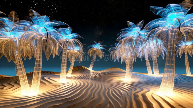 Futuristic Digital Palm Trees Illuminating a Desert Night Landscape ...