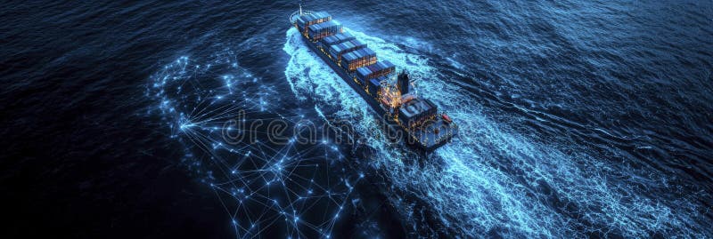 Futuristic Digital Patterns Trail Cargo Ship at Twilight Stock ...