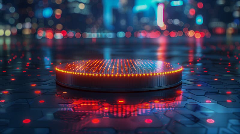 Futuristic Digital Platform with Neon City Lights Stock Illustration ...