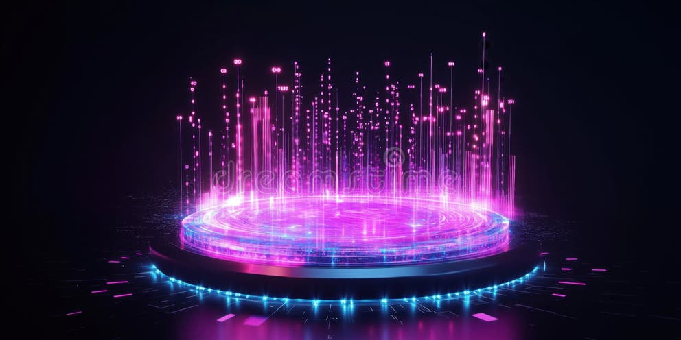Futuristic Digital Platform with Vibrant Pink and Blue Light Beams and ...