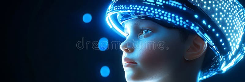 Futuristic Digital Portrait of a Child with a Glowing Blue Helmet ...
