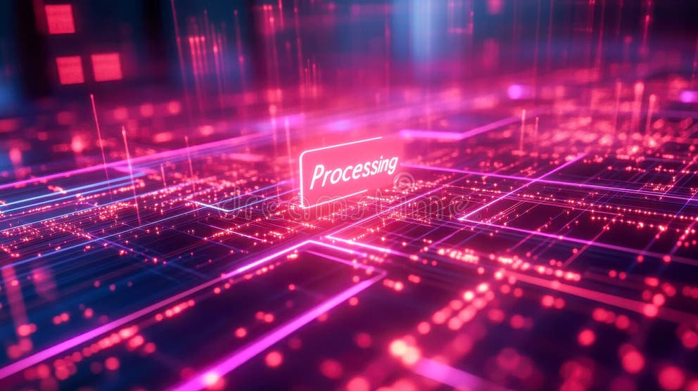 Futuristic Digital Processing Network with Glowing Pink Lights and Data ...