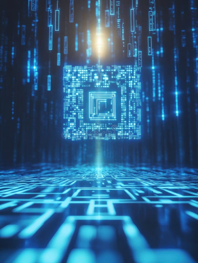 Futuristic Digital QR Code in Blue-lit Environment Illustrating ...