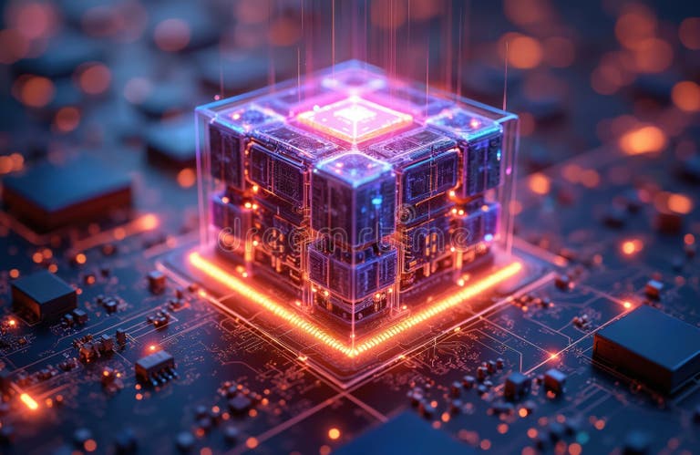 Futuristic Digital Quantum Computer. Quantum Computing Concept with Glowing Cube Processor on ...